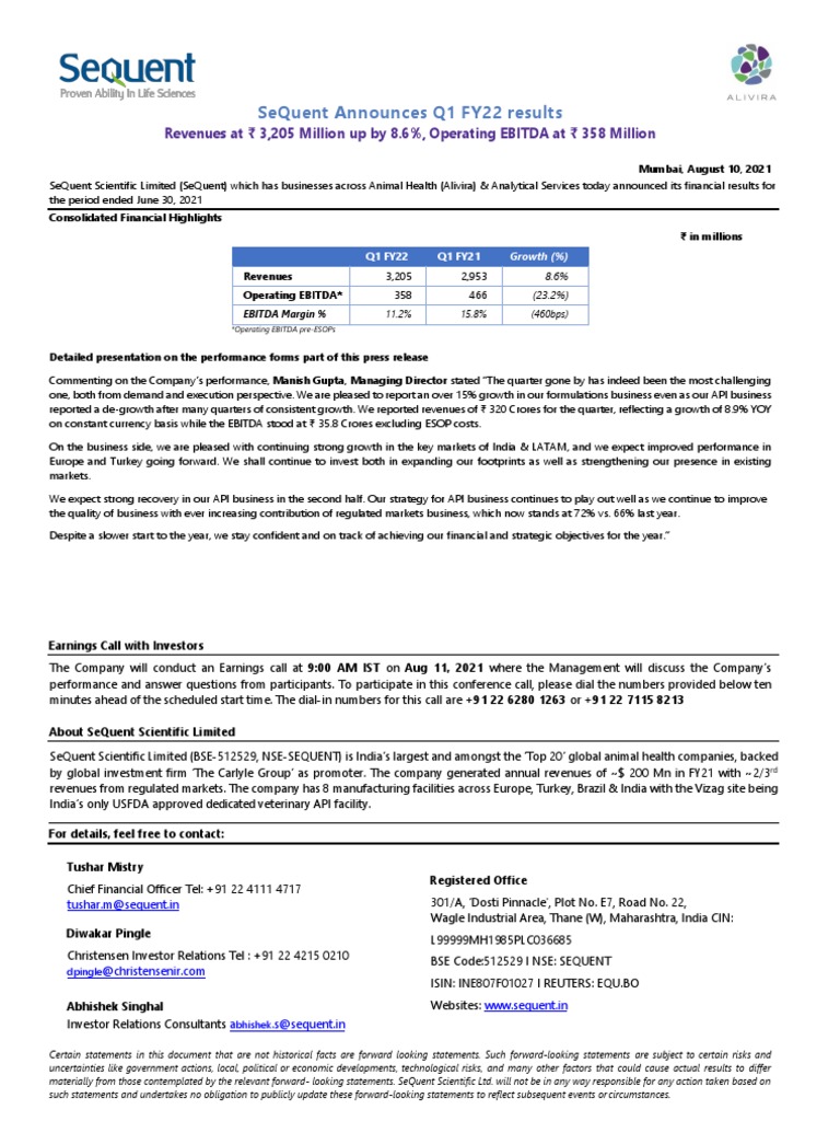 SeQuent's Q1 FY22 Financial Update | PDF | Economies | Balance Sheet
