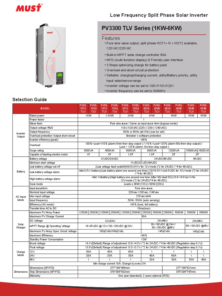 PV3300 TLV Series (1KW-6KW) : Low Frequency Split Phase Solar Inverter ...