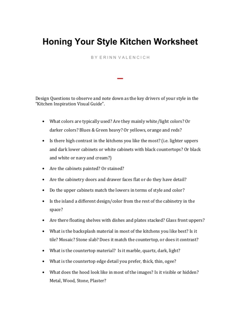Honing Your Style Kitchen Worksheet | PDF | Cabinetry | Countertop