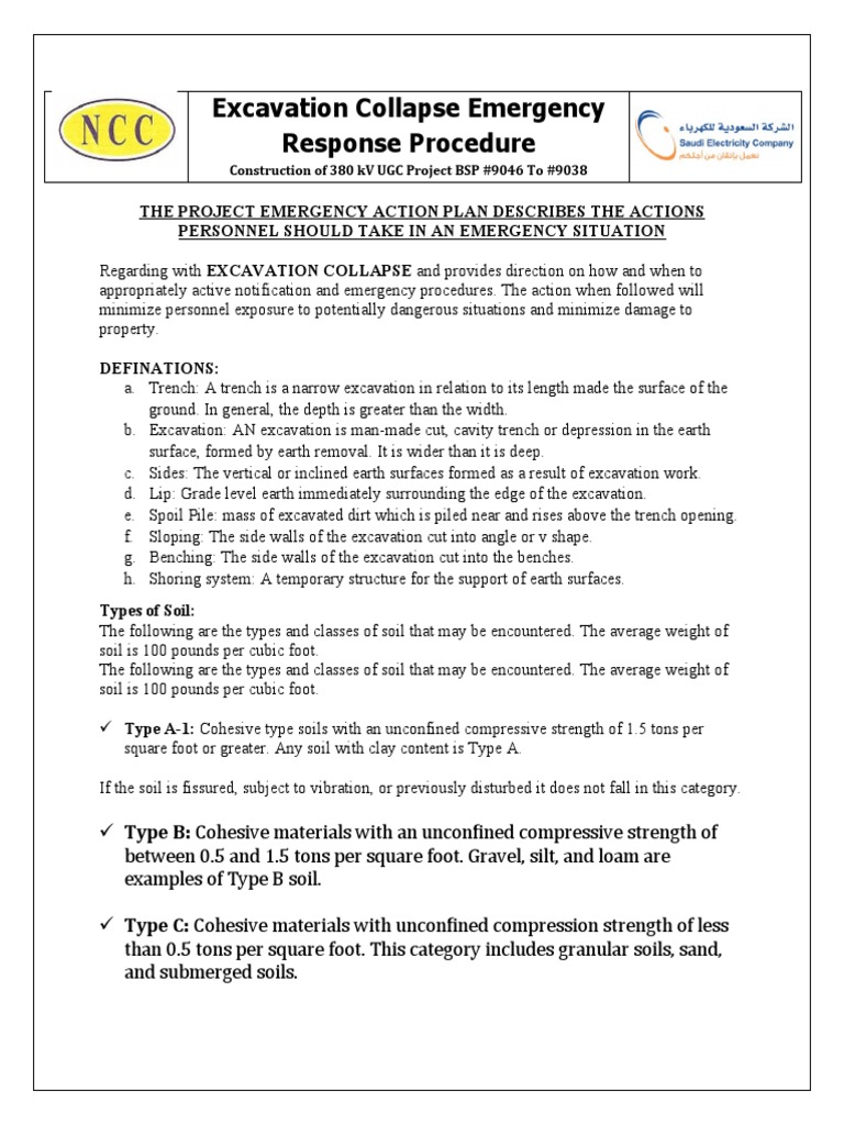 NCC Excavation Collapse Emergency Plan | PDF | Emergency | Soil