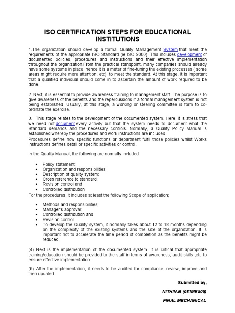 Iso Certification Steps For Educational Institutions Pdf Quality