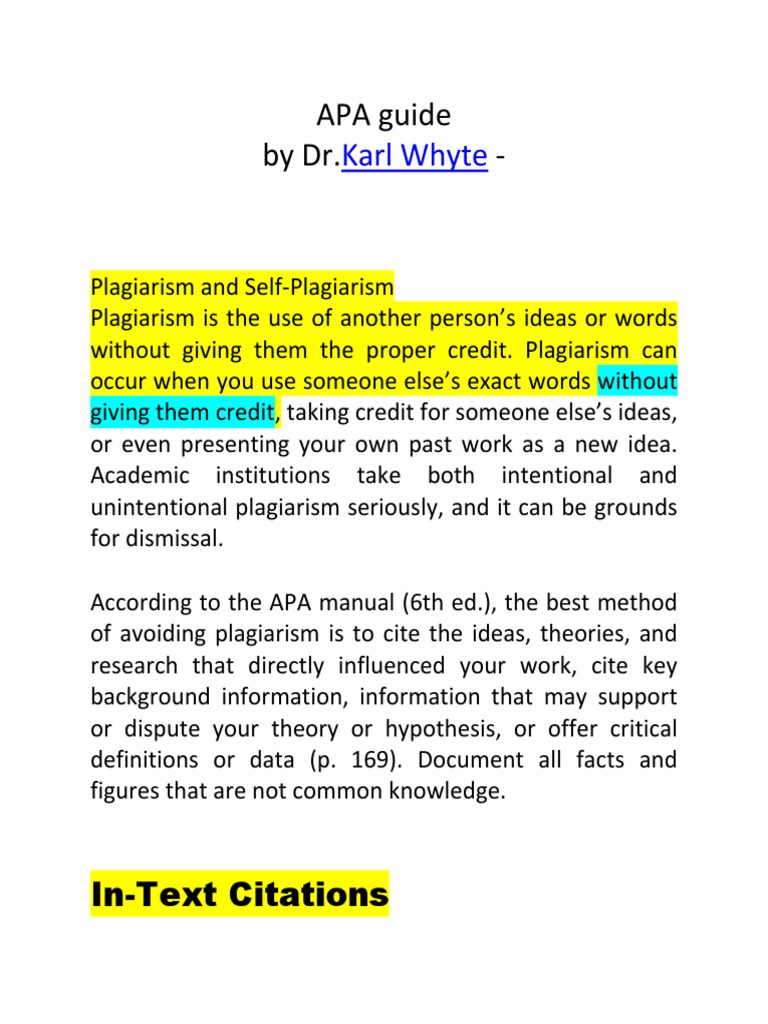 APA Guide by Dr. - : Karl Whyte | PDF | Apa Style | Plagiarism