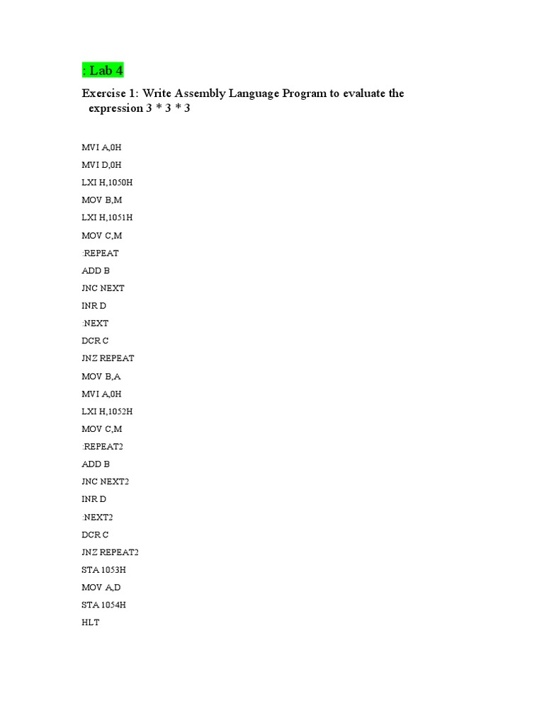 Exercise 1: Write Assembly Language Program To Evaluate The Expression ...