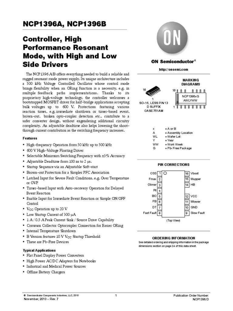 NCP1396A, NCP1396B Controller, High Performance Resonant Mode, With ...