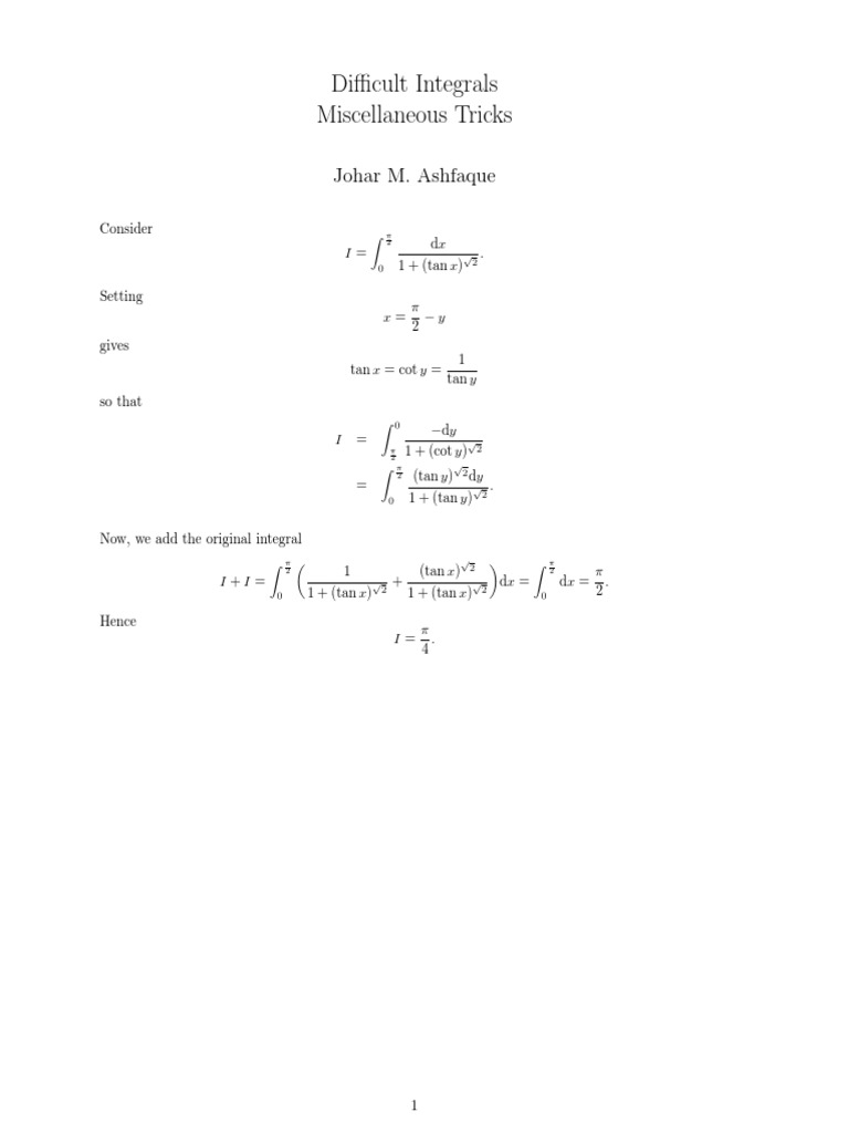 Difficult Integrals Miscellaneous Tricks: Johar M. Ashfaque | PDF ...