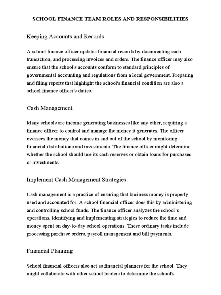 School Finance Team Roles and Responsibilities | PDF