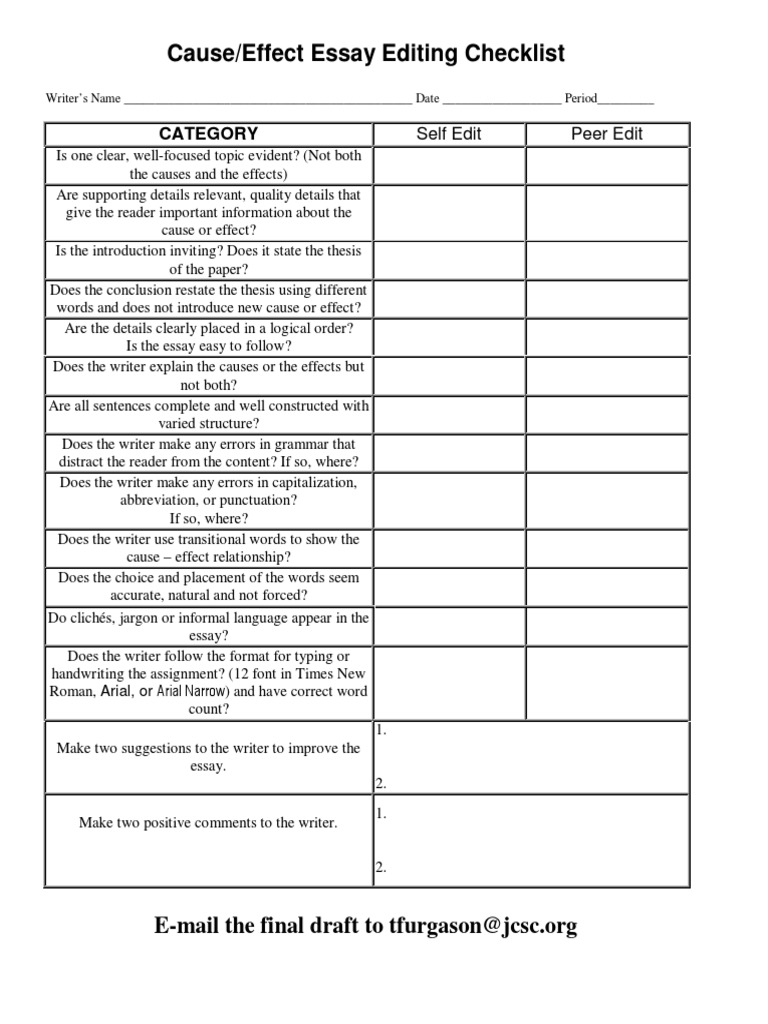Cause Effect Essay Editing Checklist | PDF