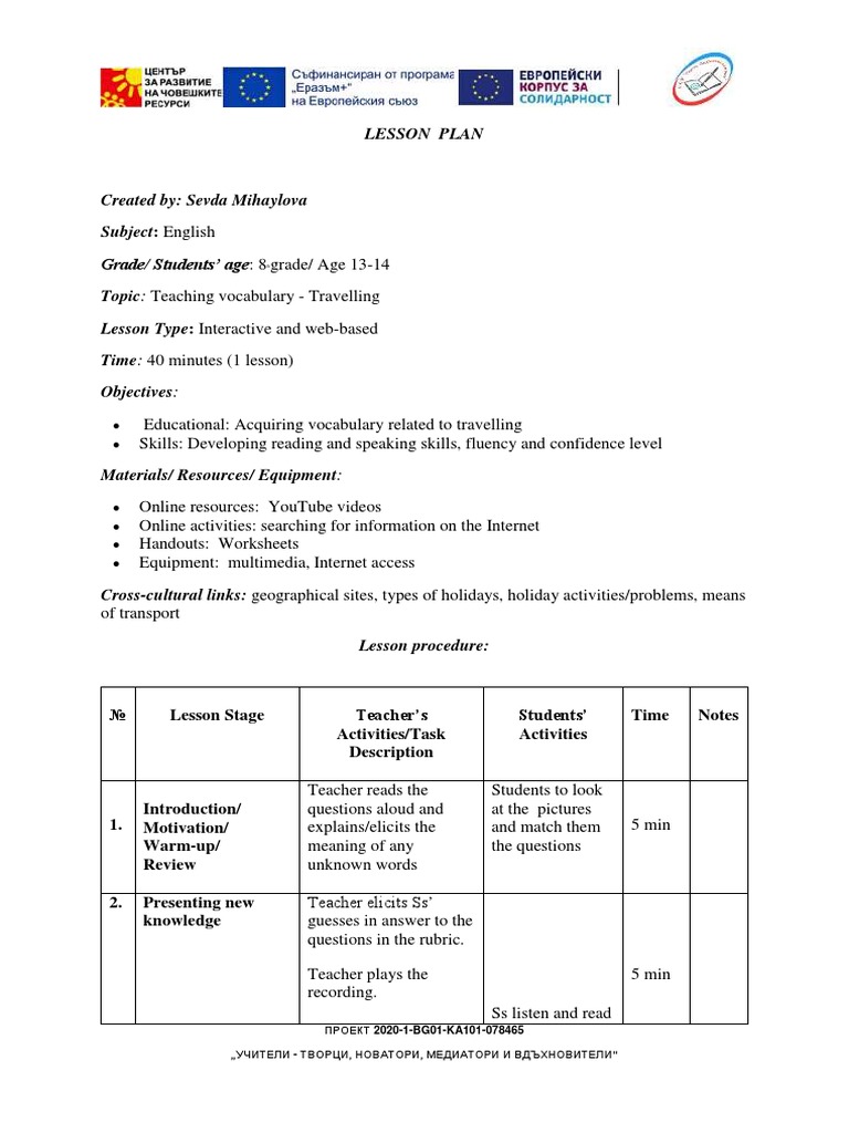 Lesson Plan 1 Travelling | PDF | Teachers | Lesson Plan
