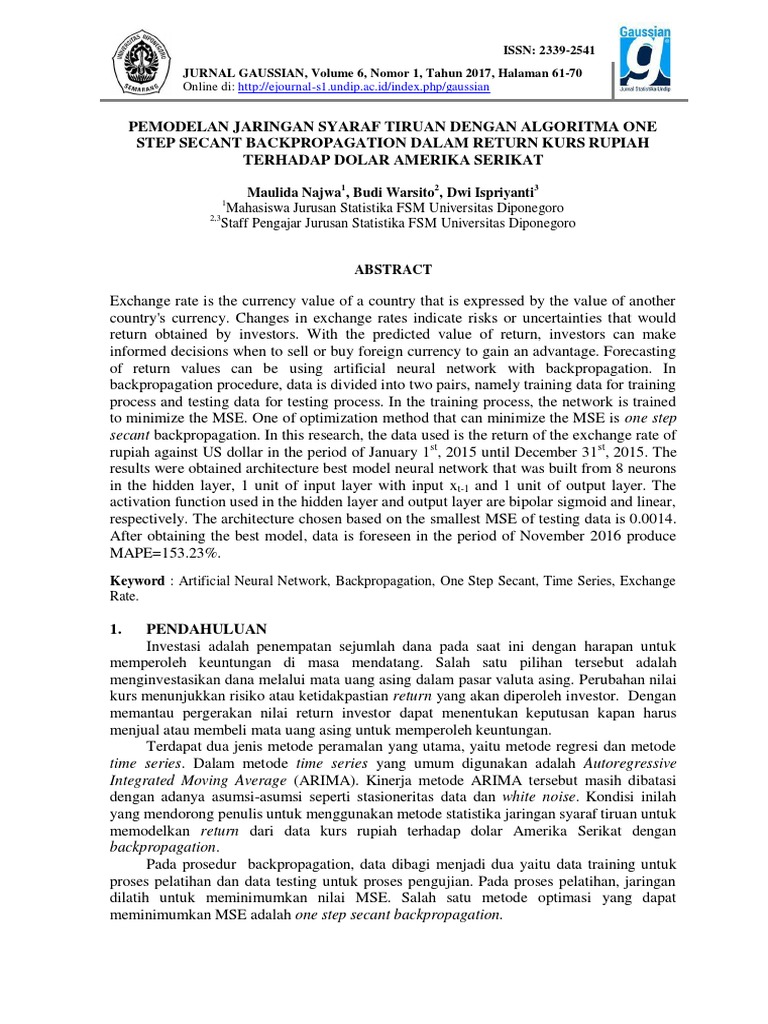 Pemodelan Jaringan Syaraf Tiruan Dengan Algoritma One Step Secant Backpropagation Dalam Return ...