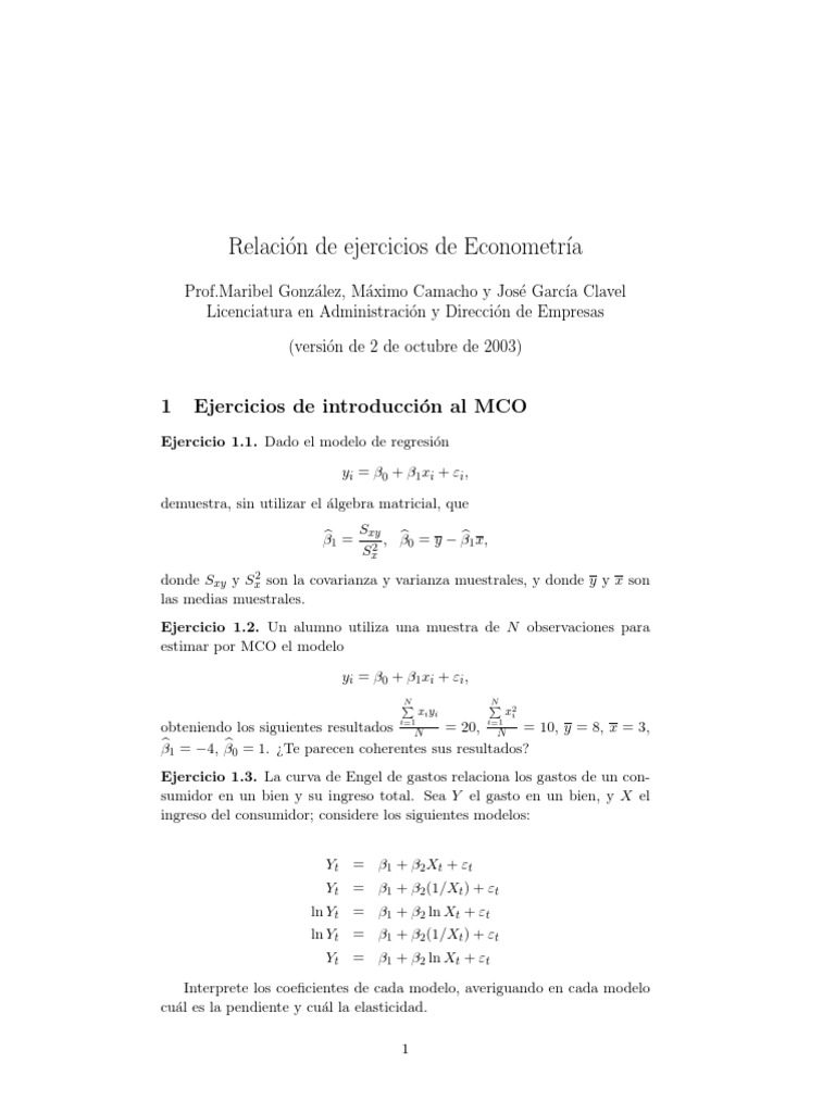 Relación de Ejercicios de Econometría | PDF | Mínimos cuadrados ordinarios | Estimador