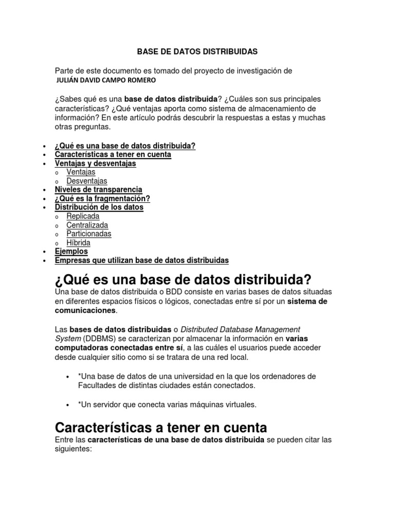 BASE DE DATOS DISTRIBUIDAS y EMEPLO | PDF | Bases de datos | Computación distribuída