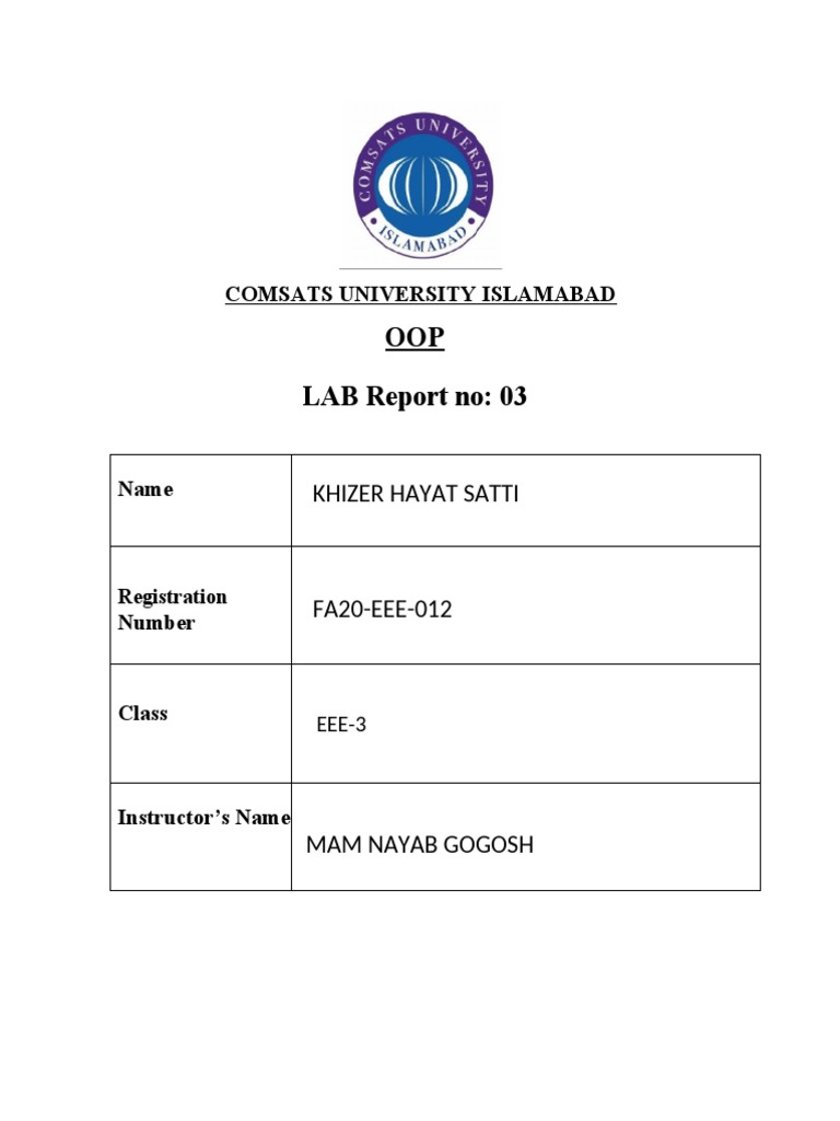 Fa20-Eee-012 Oop Lab 3 | PDF | Class (Computer Programming) | Method (Computer Programming)