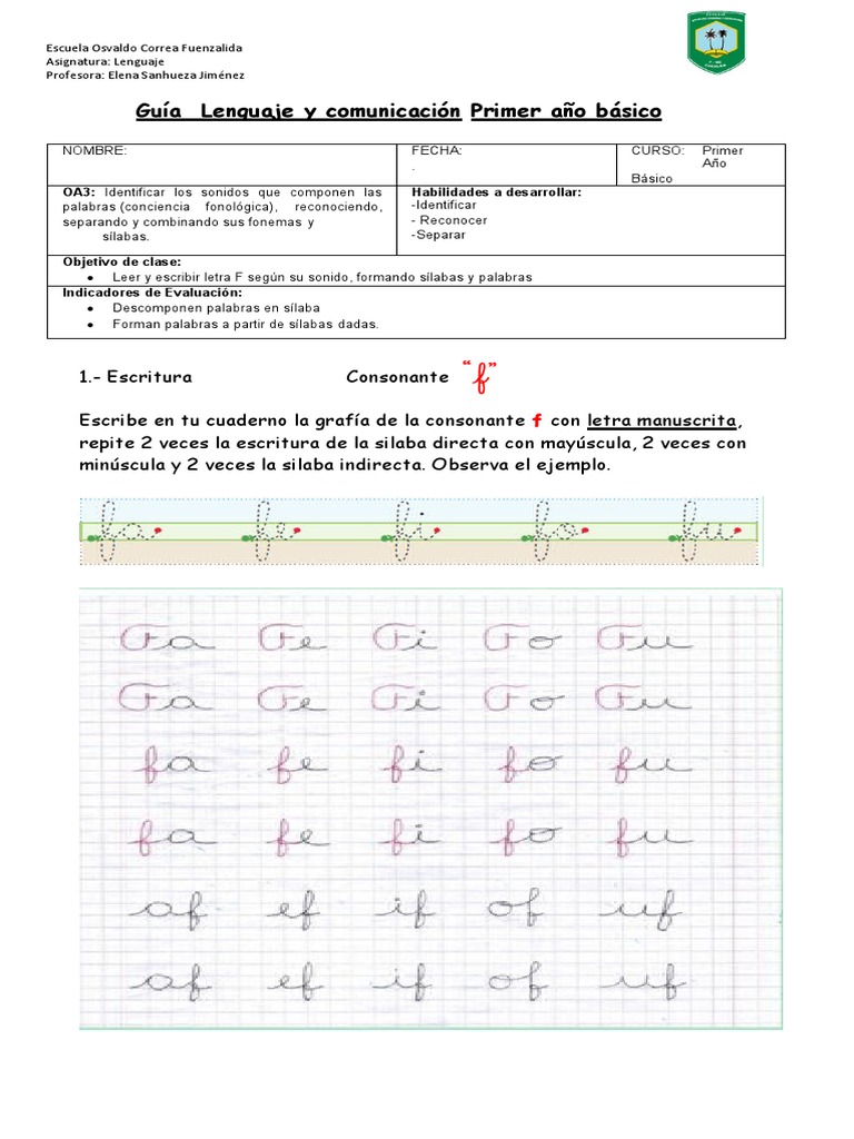 1º Básico Lenguaje Guía Letra F Repaso | PDF | Sílaba | Cognición