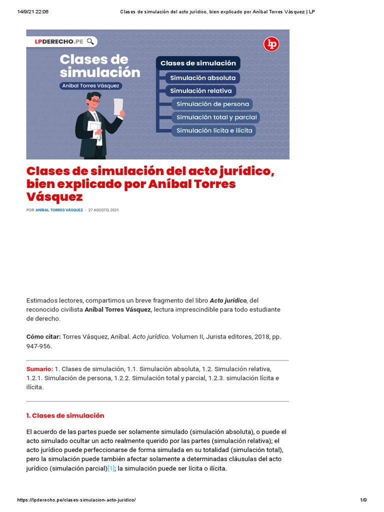Clases de Simulación Del Acto Jurídico, Bien Explicado Por Aníbal Torres Vásquez - LP | PDF ...