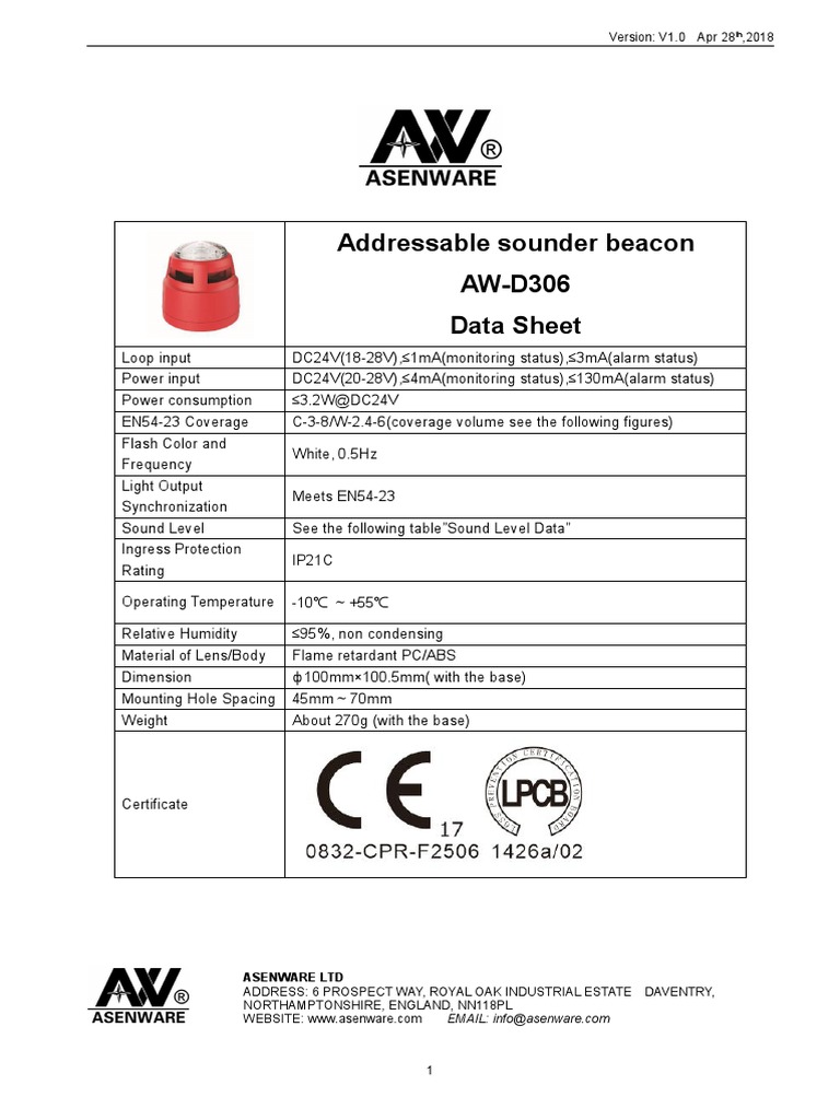 ASENWARE AW-D306 Addressable Sounder Beacon Data Sheet | PDF ...