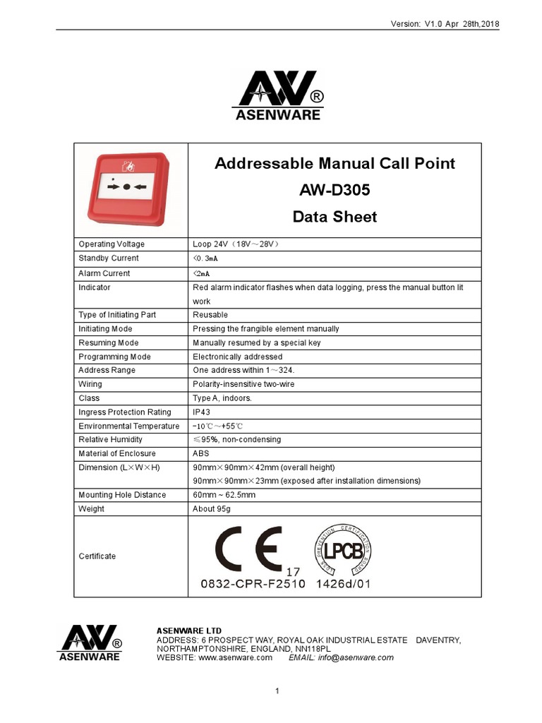 ASENWARE AW-D305 Addressable Manual Call Point Data Sheet | PDF