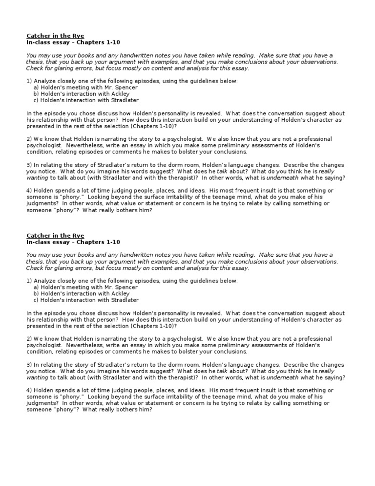 Catcher in The Rye In-Class Essay - Chapters 1-10 | PDF | Essays ...
