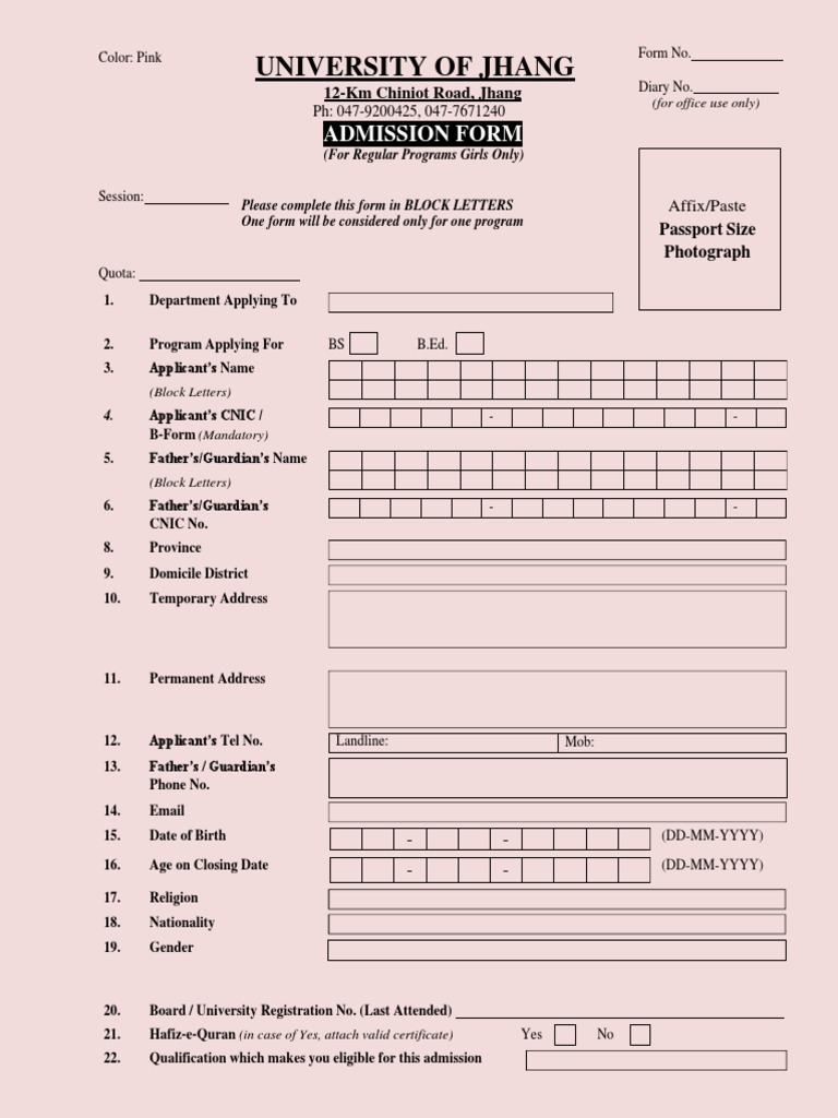 University of Jhang: Admission Form | PDF | Academic Degree