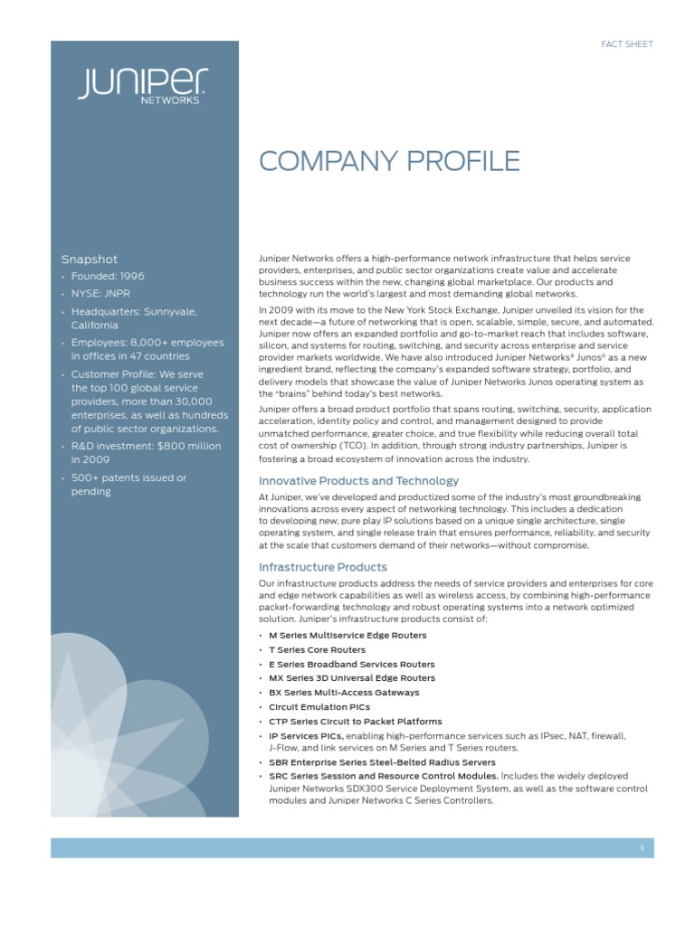 Company Profile: Snapshot | PDF | Juniper Networks | Computer Network