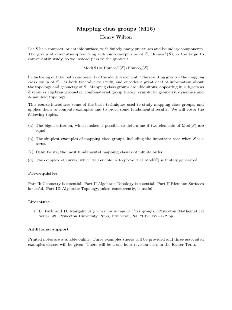 Mapping Class Groups (M16) : Henry Wilton | PDF | Teaching Methods ...