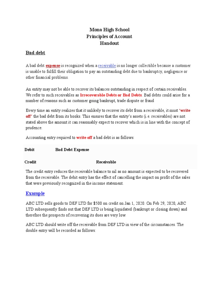 Bad & Provision For Bad Debt Handout | PDF | Debits And Credits | Bad Debt