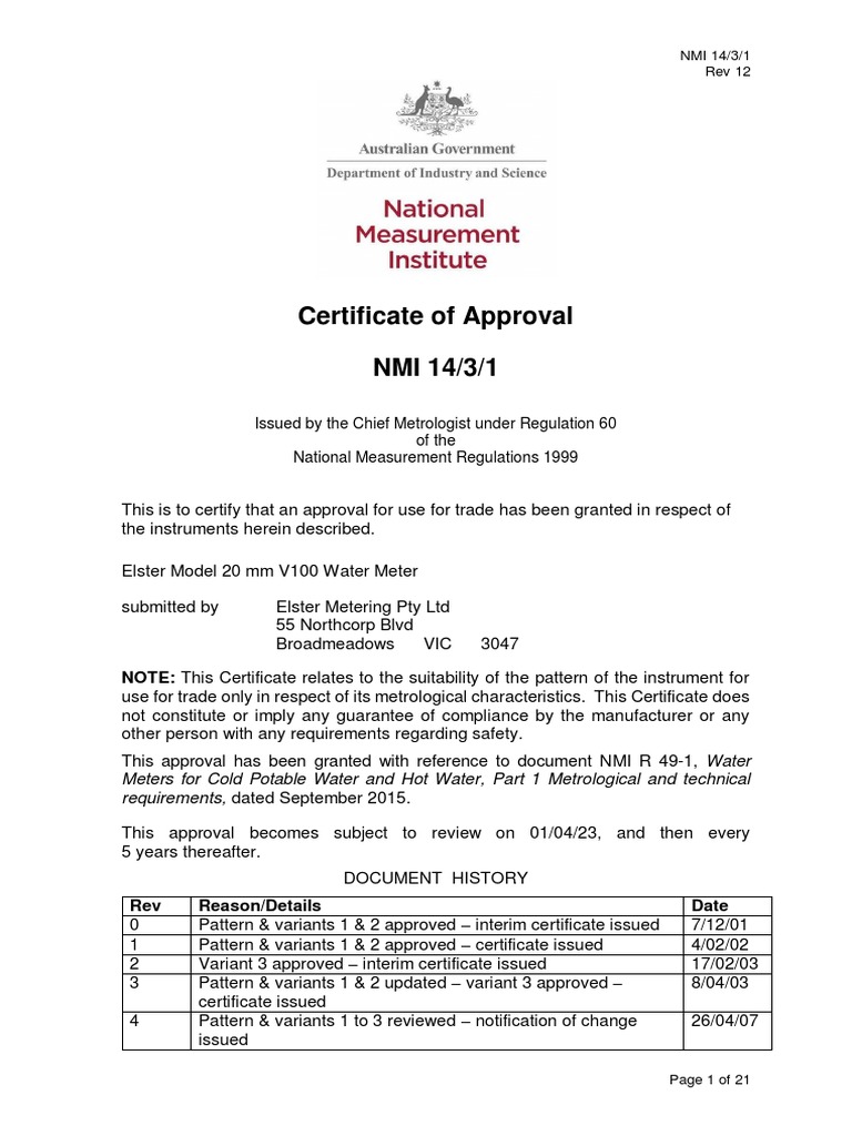 Certificate of Approval NMI 14/3/1 | PDF | Flow Measurement | Metrology