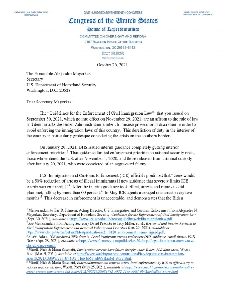 Letter To Mayorkas On ICE Guidance | PDF | Emigration, Immigration, and ...