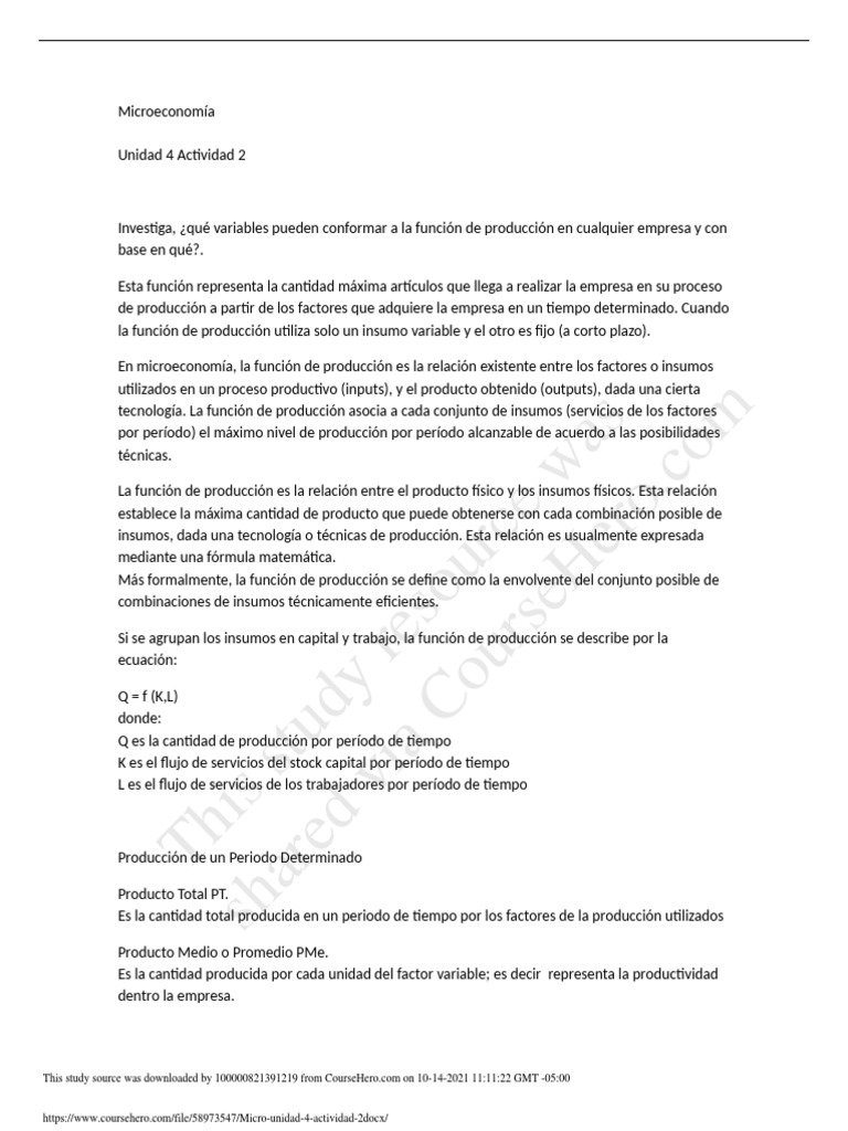 Micro Unidad 4 Actividad 2 | PDF | Microeconomía | Función de producción