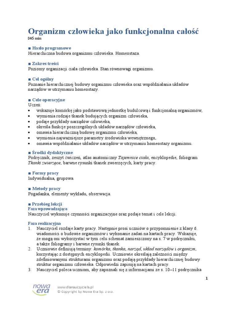 Scenariusz Organizm Czlowieka Jako Funkcjonalna Calosc | PDF