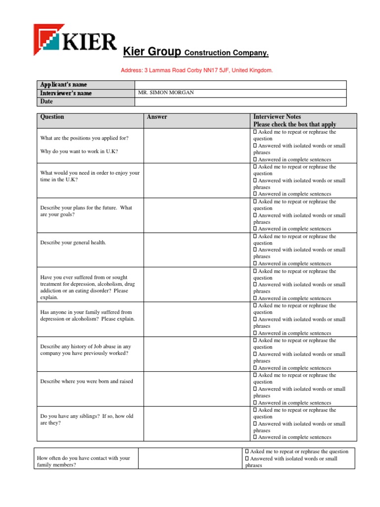 Kier Group PLC. ONLINE INTERVIEW FORM | PDF | Question | English Language