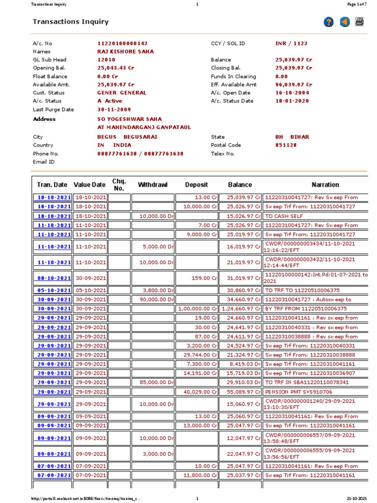 Transactions Inquiry: Tran. Date Value Date Chq. No. Withdrawl Deposit ...