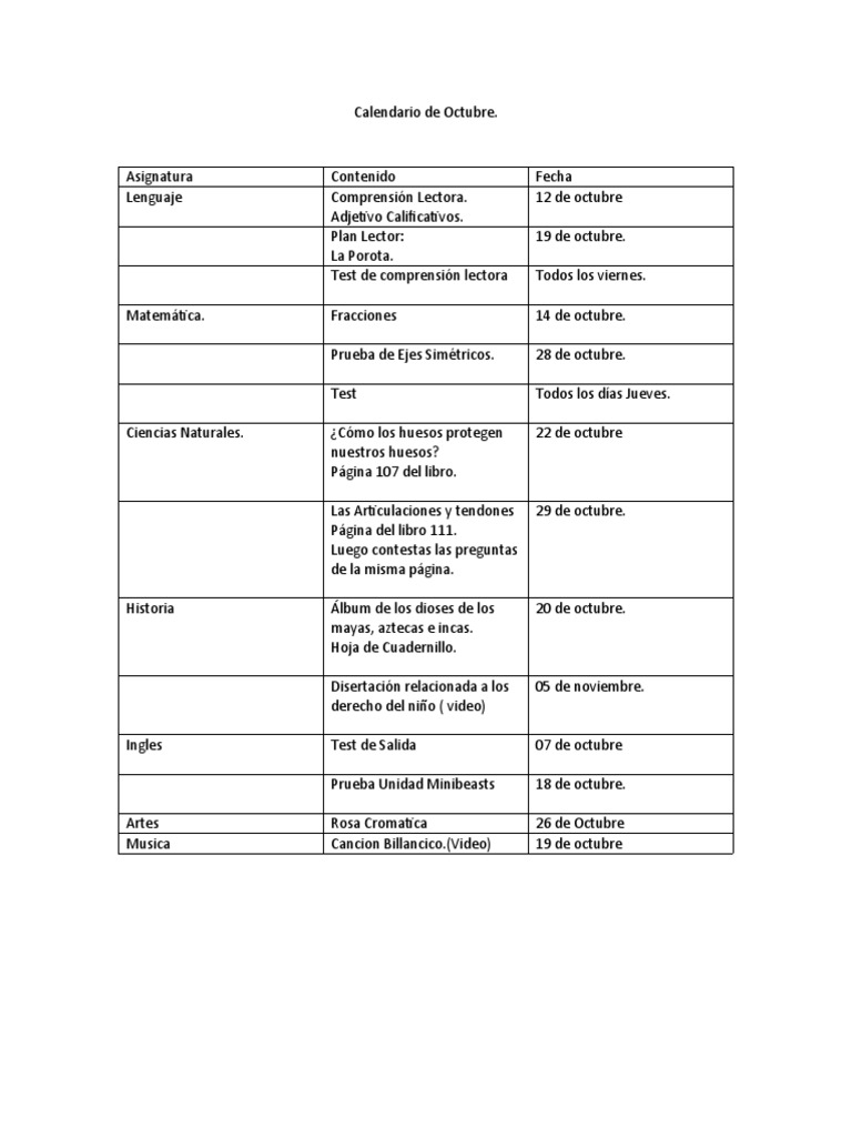 Calendario de Actividades de Octubre | PDF