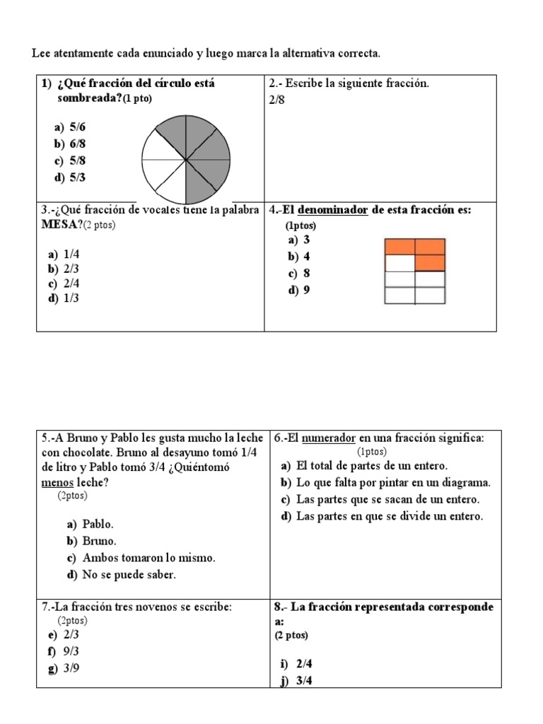 Prueba de Fracciones | PDF