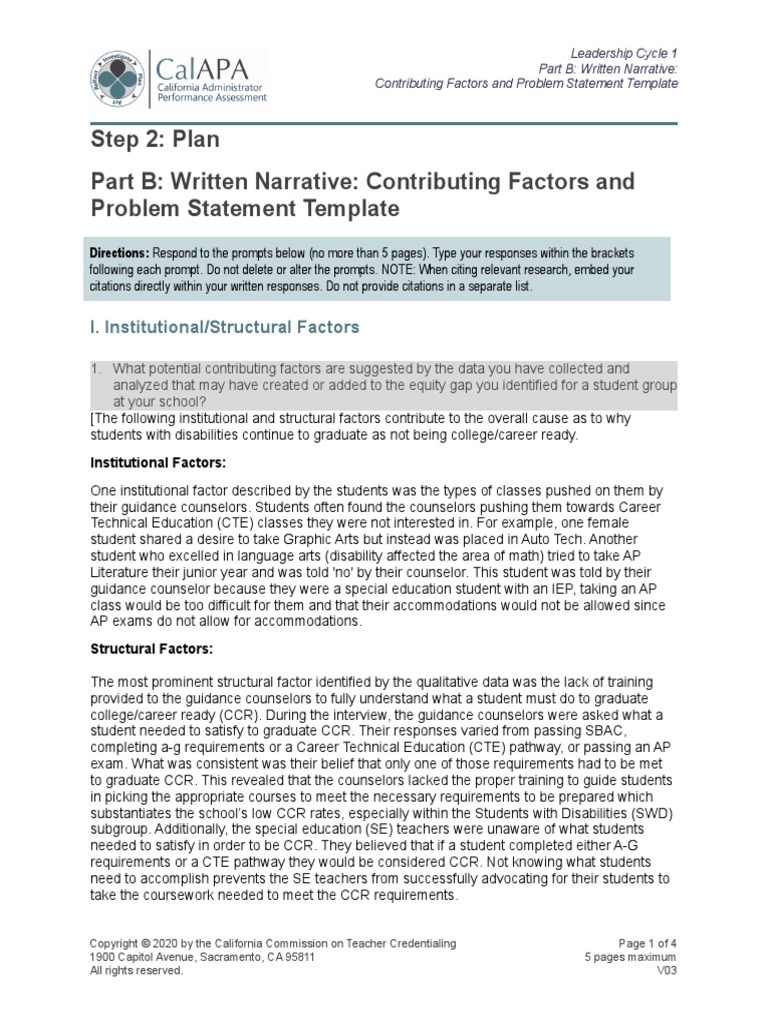 Step 2: Plan Part B: Written Narrative: Contributing Factors and ...