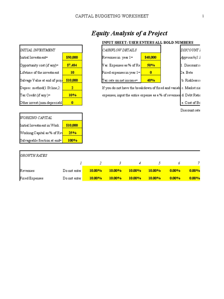 Equity Analysis of A Project: Capital Budgeting Worksheet | PDF ...