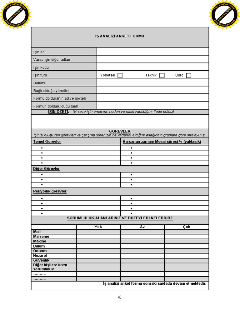 İş Anali̇zi̇ Anket Formu Örneği̇ | PDF