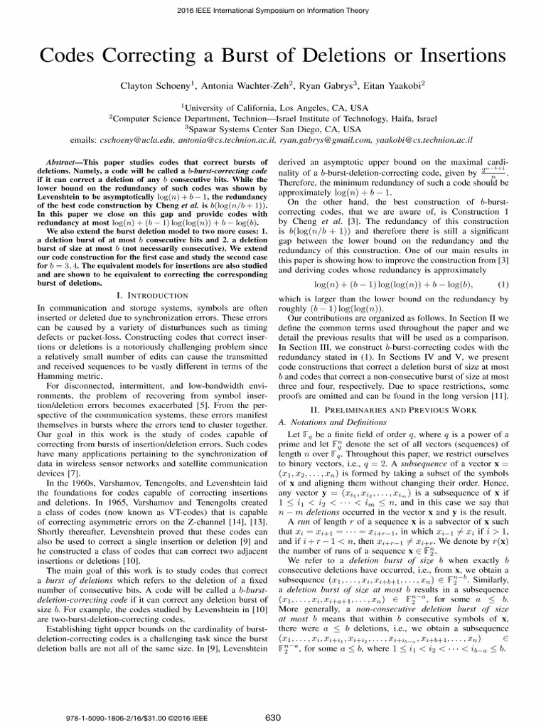 Codes Correcting A Burst of Deletions or Insertions | PDF | Encodings | Computer Data
