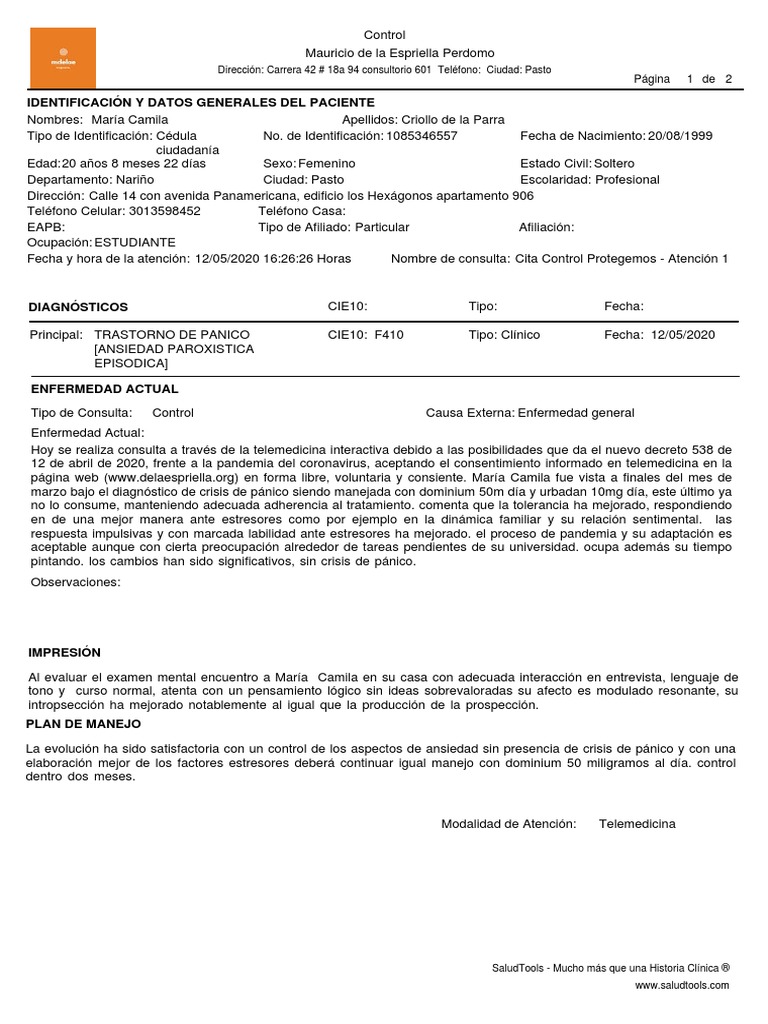 Historia Clinica Cami | PDF | Ansiedad | Epidemiología