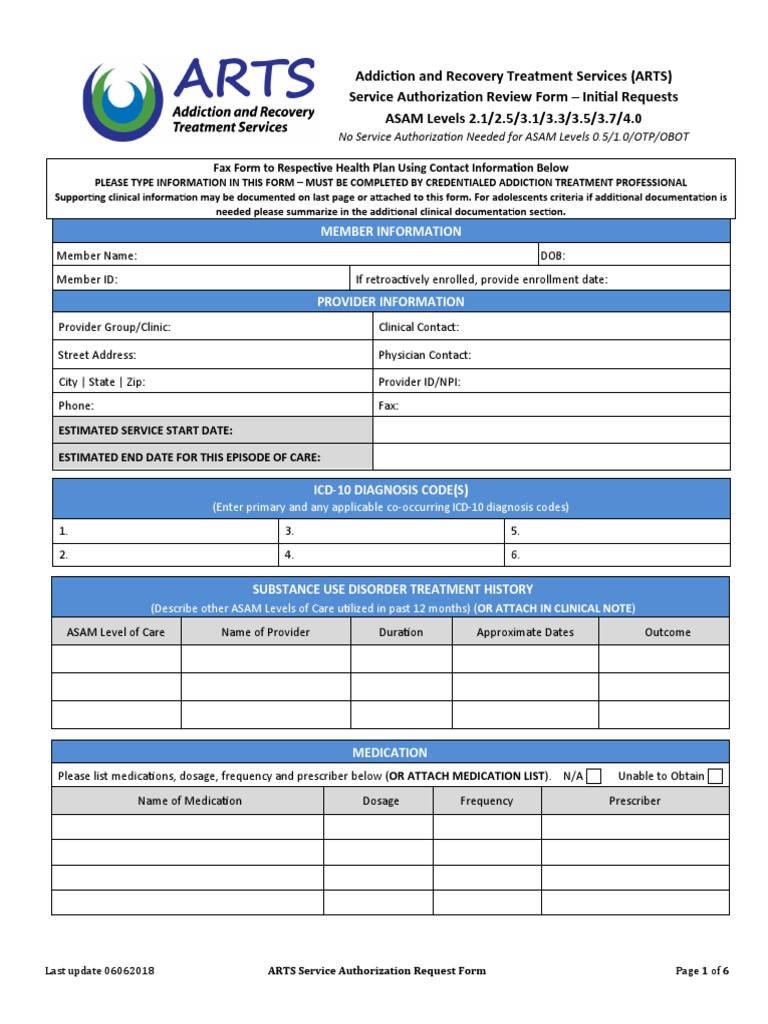 Arts Initial Service Authorization Request Form 06062018 Locked | PDF ...