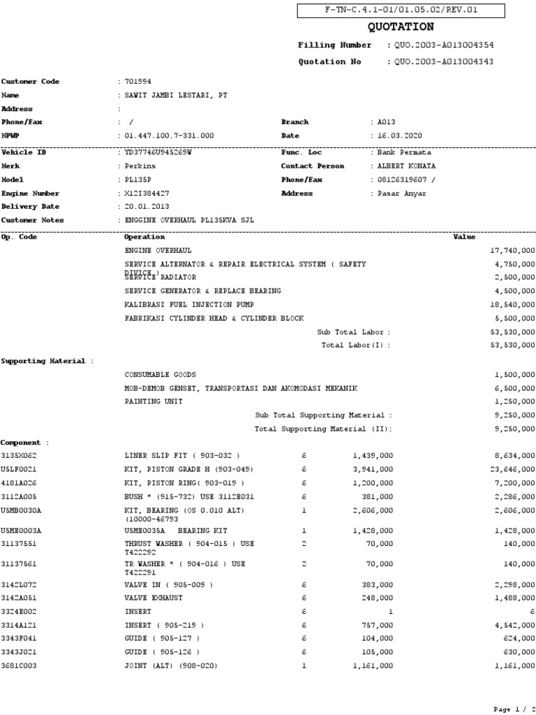 Engine overhaul quotation for generator | PDF | Engines | Propulsion