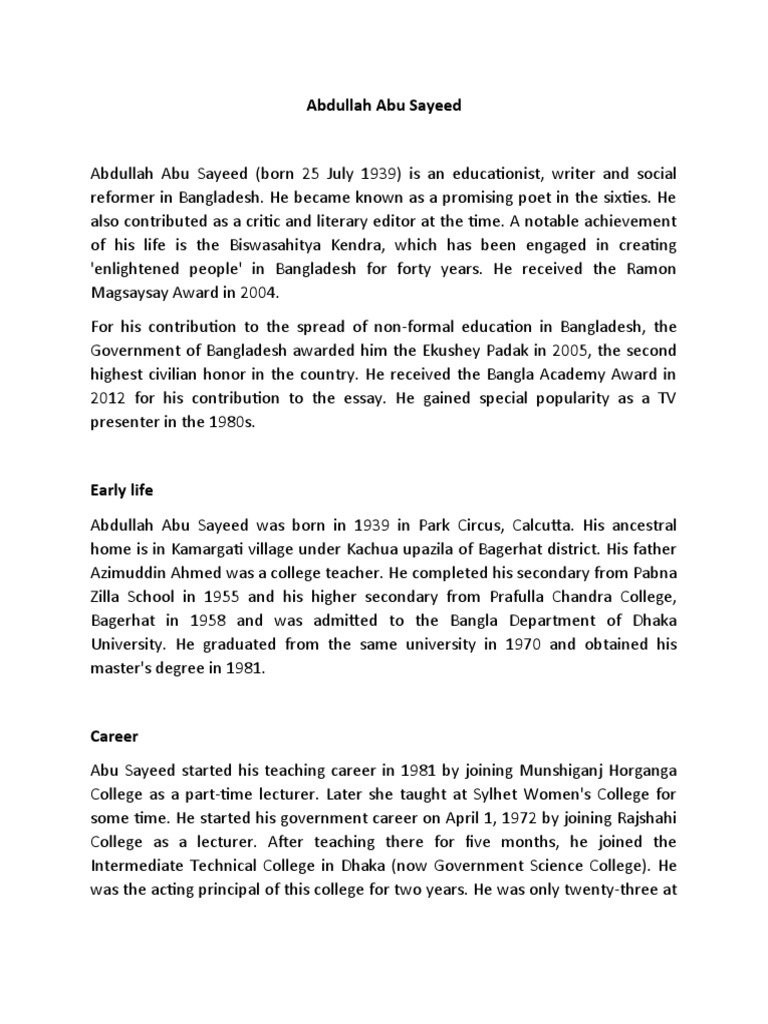 Abdullah Abu Sayeed: Educator & Reformer | PDF | Bangladesh