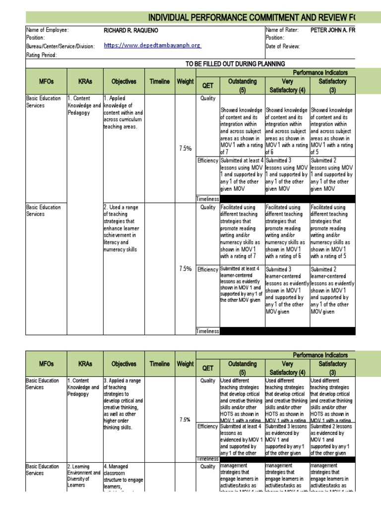 Individual Performance Commitment and Review Form (Ipcrf) For Teacher I ...