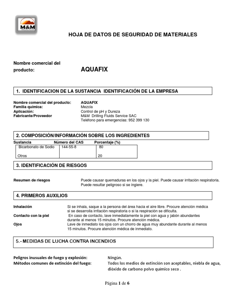 MSDS - M&M - Aquafix | PDF | Agua | Residuos