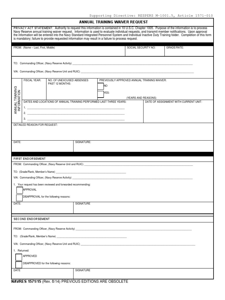 At Waiver Request Navres 1571-15 Fillable | PDF | Government