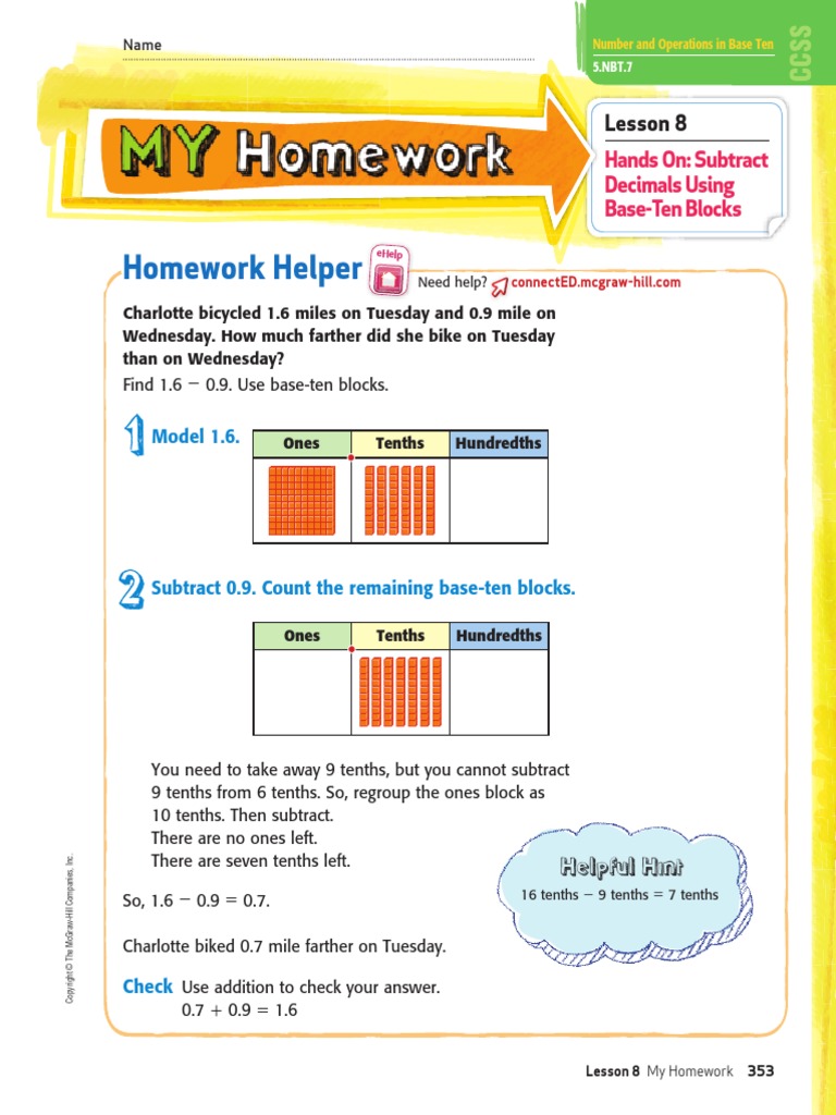 Homework Helper: Hands On: Subtract Decimals Using Base-Ten Blocks ...