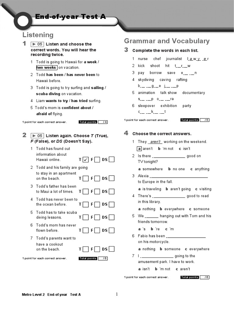 Metro Level 2 End-of-Year Test A | PDF