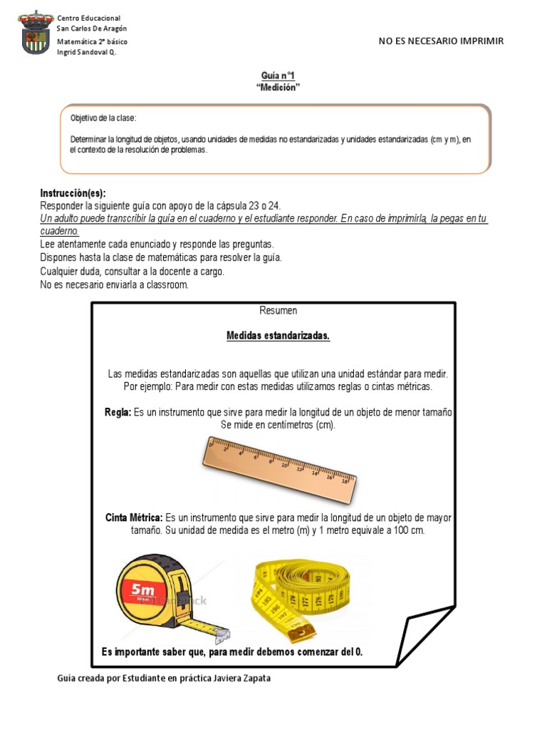 2° Basico Matematica Guia 1 Medidas Estandarizadas | PDF | Longitud