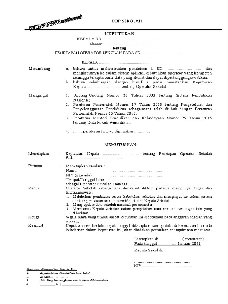 Contoh SK Operator Sekolah 2021 | PDF