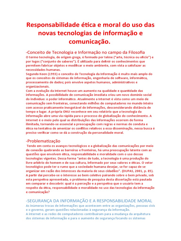 Ética e Responsabilidade nas Tecnologias | PDF | Tecnologia da ...