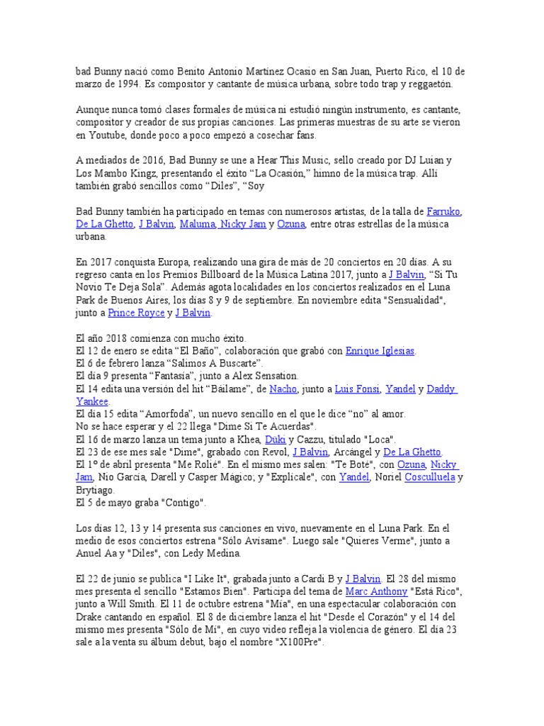 Bad Bunny Nació Como Benito Antonio Martínez Ocasio en San Juan | PDF ...